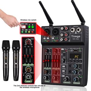 Professional Audio Mixer With Dual Wireless Microphone, Sound Board Console System Interface 4 Channel Dj Mixer USB Bluetooth MP3 Computer Input 48V Phantom Power, Suitable for DJ Karaoke PC Guitar