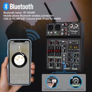 Professional Audio Mixer With Dual Wireless Microphone, Sound Board Console System Interface 4 Channel Dj Mixer USB Bluetooth MP3 Computer Input 48V Phantom Power, Suitable for DJ Karaoke PC Guitar