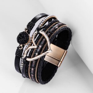 Dcfywl731 Multilayer Wrap Leather Bracelet Heart Modern Boho Bracelet Clasp Cuff Rhinestone Leather Bracelets for Women (Black)