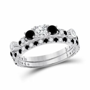 1.00 ct round cut black & white diamond 925 sterling silver women's 3-stone wedding bridal ring set 14k white gold finish