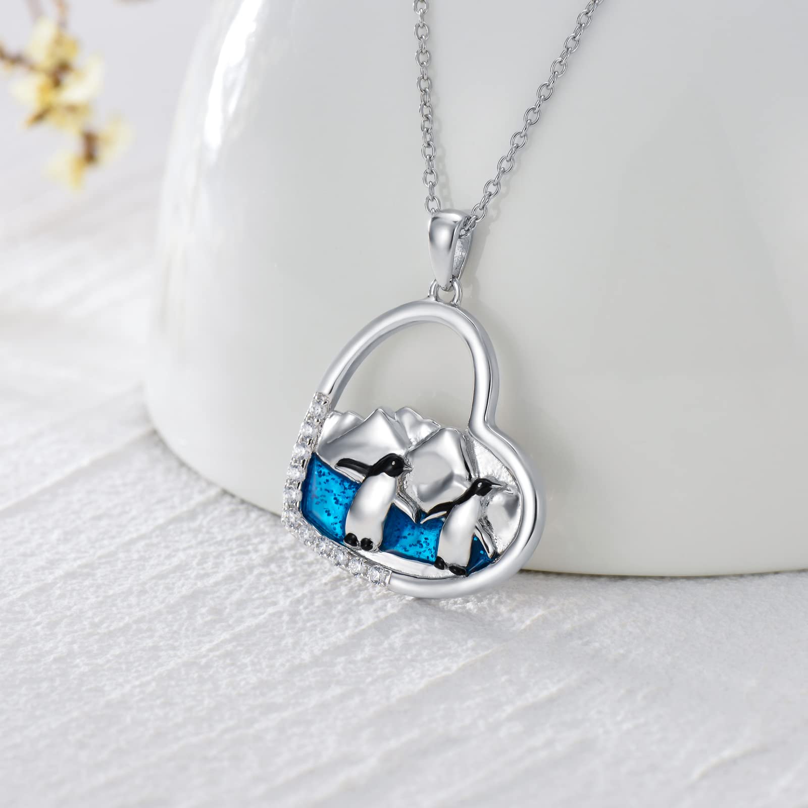 LONAGO Penguin Necklace 925 Sterling Silver Antarctic Penguin Heart Pendant Necklace Gift for Women