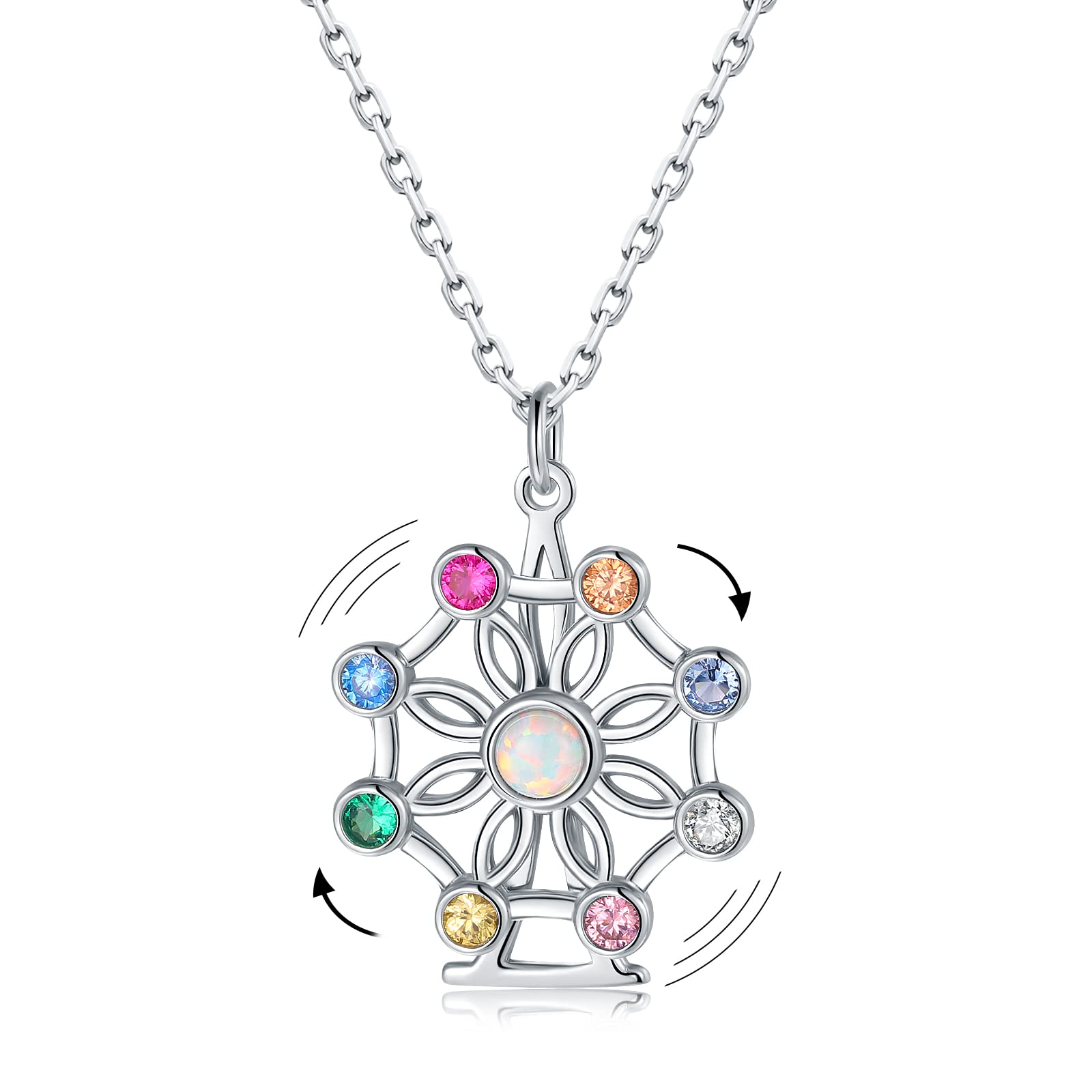 Silver Spinner Ferris Wheel Necklace - 925 Sterling Silver Romantic Fidget Anxiety Ferris Wheel Jewelry Necklaces for Women, Christmas Gifts Dainty Multi Gemstone Ferris Wheel Opal Necklace for Her