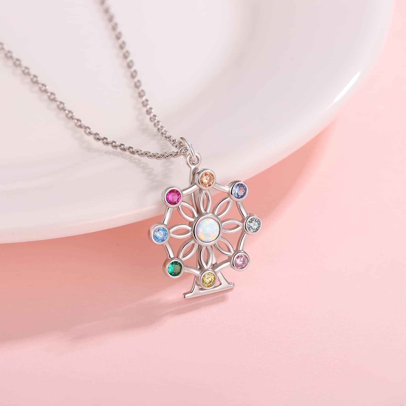 Silver Spinner Ferris Wheel Necklace - 925 Sterling Silver Romantic Fidget Anxiety Ferris Wheel Jewelry Necklaces for Women, Christmas Gifts Dainty Multi Gemstone Ferris Wheel Opal Necklace for Her