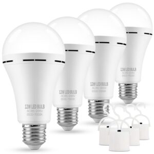 moslian emergency-rechargeable light bulb with hook,stay lights up when power failure, 1200mah 12w 60w equivalent led light bulbs for home, camping, hiking, 4 pack, cool white