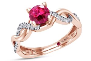 gemvio collection 5mm round cut lab created ruby gemstone & natural diamond infinity swirl engagement ring in 14k rose gold over sterling silver anniversary wedding ring(0.60 cttw)-9