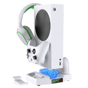 vertical cooling stand with suction cooling fan& dual controller charger station for xbox series s, cooling station with 3 levels adjustable fan speed cooling system, headset stand and extra usb ports