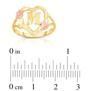 Floreo 10k Yellow Gold Personalized Monogram Monogram Alphabet Character Initial Ring with Heart and Rose Gold Flower Design, Letter M, Size 9