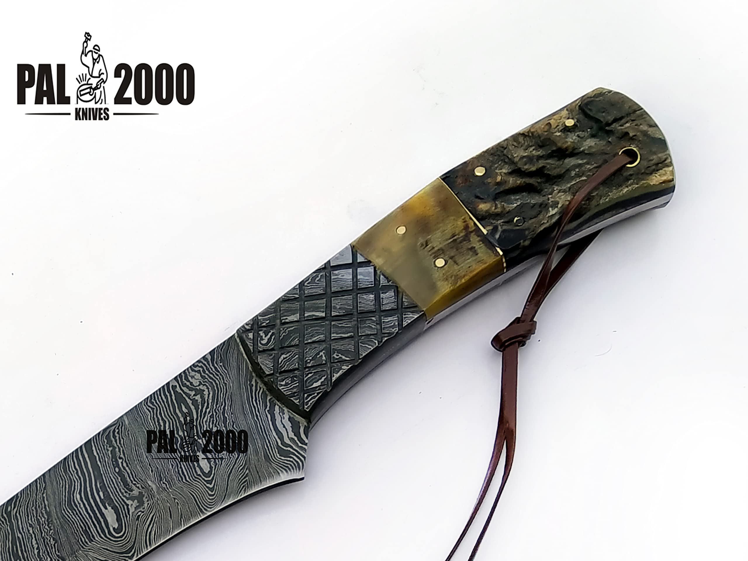 PAL 2000 KNIVES HSK-9990 Handmade Damascus Sword Knife Ram Horn Handle With Sheath