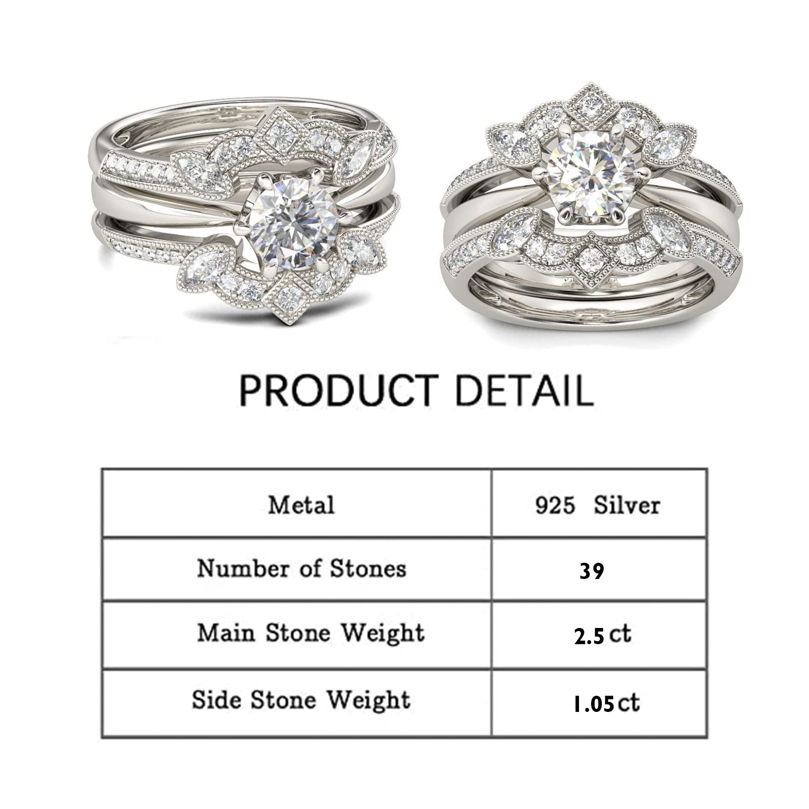 Jeulia 2.5ct vintage Ring Princess Round Cut Moissanite Vintage Antique Art Deco Flower Bezel Engagement Ring Wedding Bridal Set Classic Halo Promise Anniversary Brilliant with Jewelry Gift Box (7)