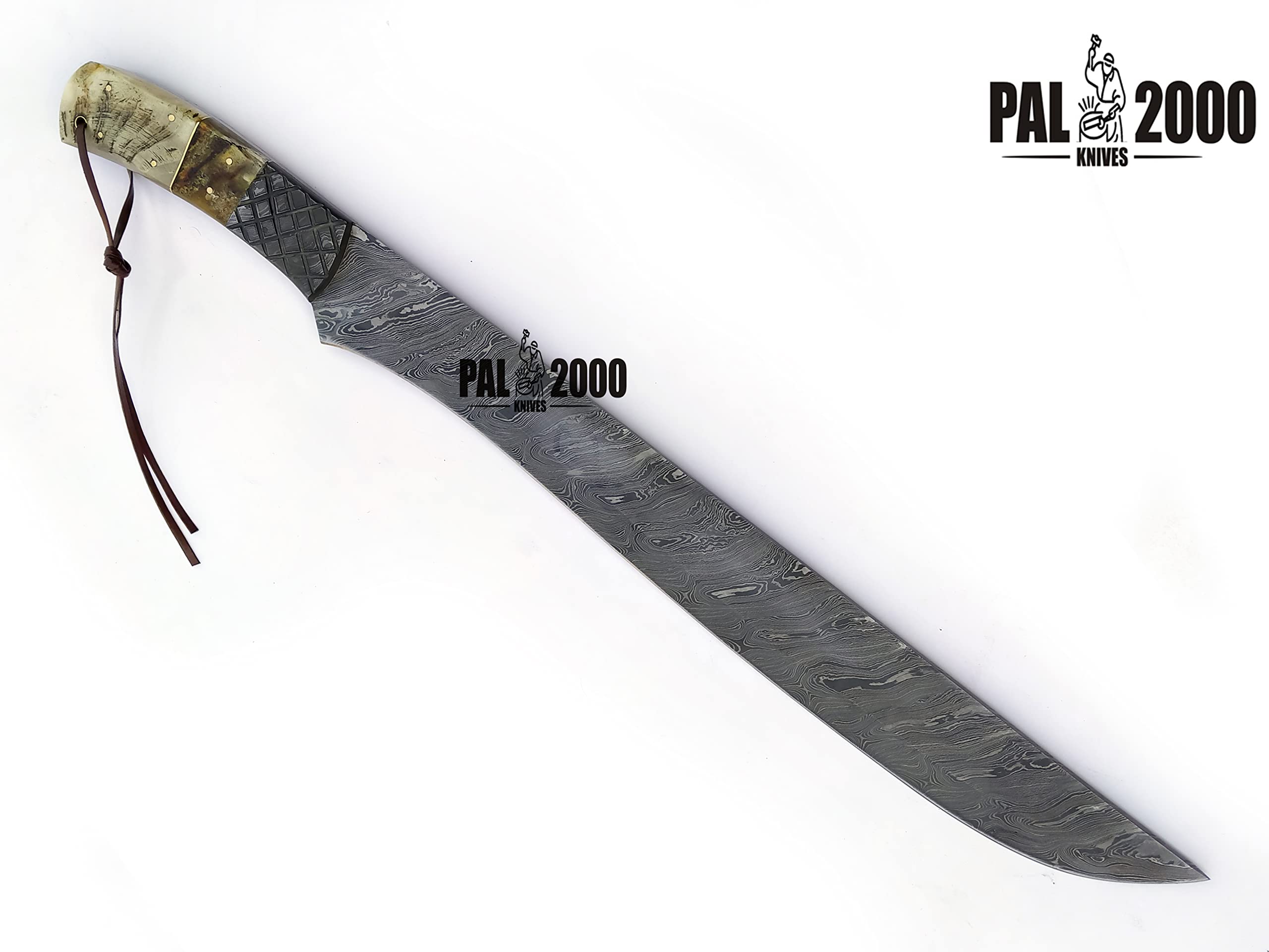 PAL 2000 KNIVES HSK-9990 Handmade Damascus Sword Knife Ram Horn Handle With Sheath