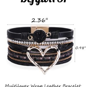 Dcfywl731 Multilayer Wrap Leather Bracelet Heart Modern Boho Bracelet Clasp Cuff Rhinestone Leather Bracelets for Women (Black)