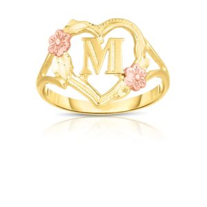 floreo 10k yellow gold personalized monogram monogram alphabet character initial ring with heart and rose gold flower design, letter m, size 9