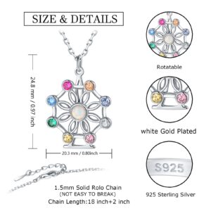 Silver Spinner Ferris Wheel Necklace - 925 Sterling Silver Romantic Fidget Anxiety Ferris Wheel Jewelry Necklaces for Women, Christmas Gifts Dainty Multi Gemstone Ferris Wheel Opal Necklace for Her