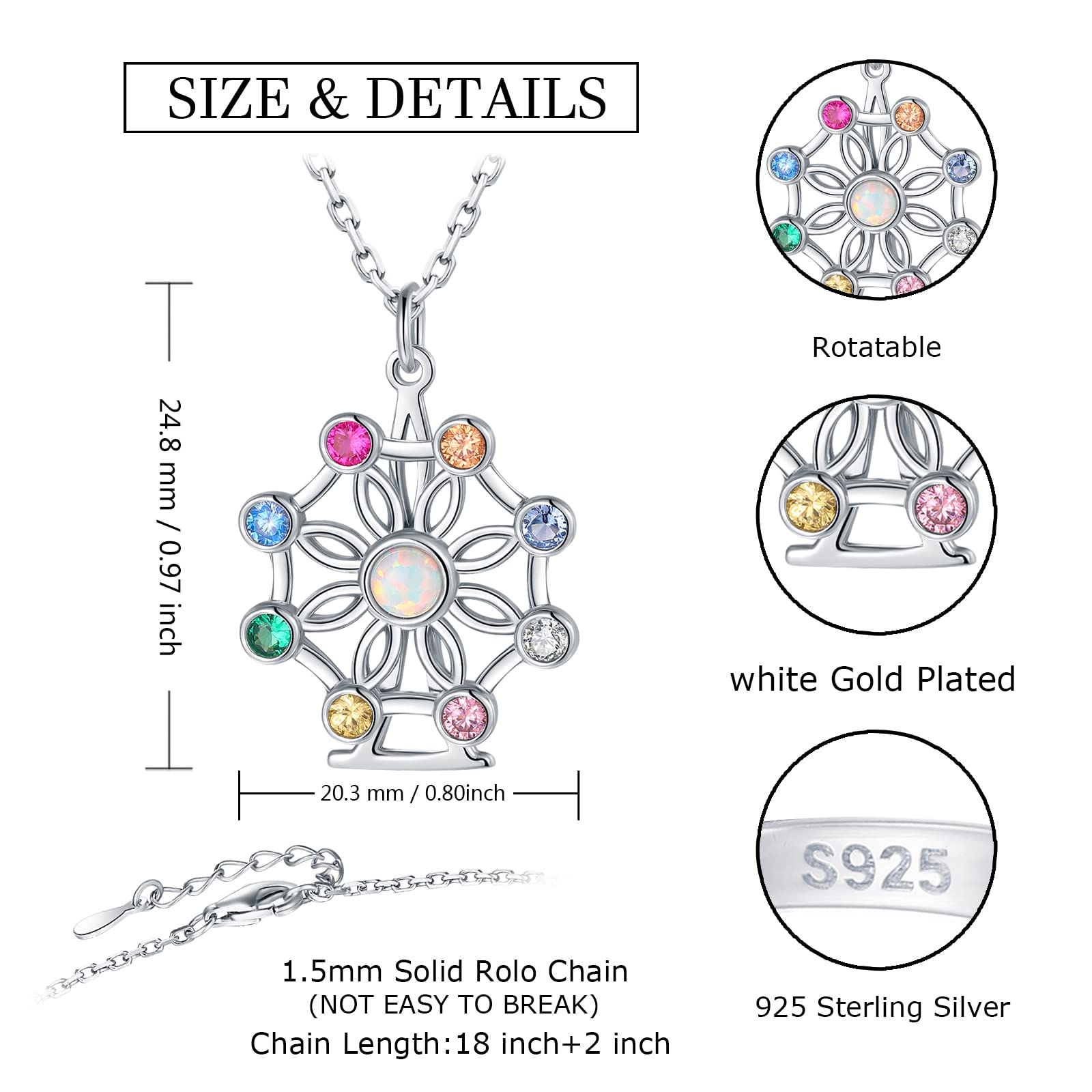 Silver Spinner Ferris Wheel Necklace - 925 Sterling Silver Romantic Fidget Anxiety Ferris Wheel Jewelry Necklaces for Women, Christmas Gifts Dainty Multi Gemstone Ferris Wheel Opal Necklace for Her