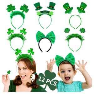 partywind 12 pcs st patrick’s day headband, glitter saint patricks day accessories headbands for women kids with shamrock/hat/bow, irish costume for party supplies