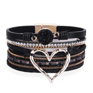 Dcfywl731 Multilayer Wrap Leather Bracelet Heart Modern Boho Bracelet Clasp Cuff Rhinestone Leather Bracelets for Women (Black)