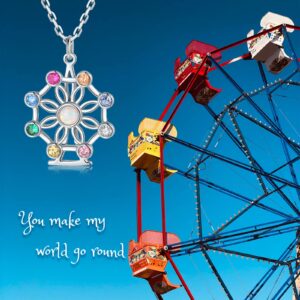 Silver Spinner Ferris Wheel Necklace - 925 Sterling Silver Romantic Fidget Anxiety Ferris Wheel Jewelry Necklaces for Women, Christmas Gifts Dainty Multi Gemstone Ferris Wheel Opal Necklace for Her