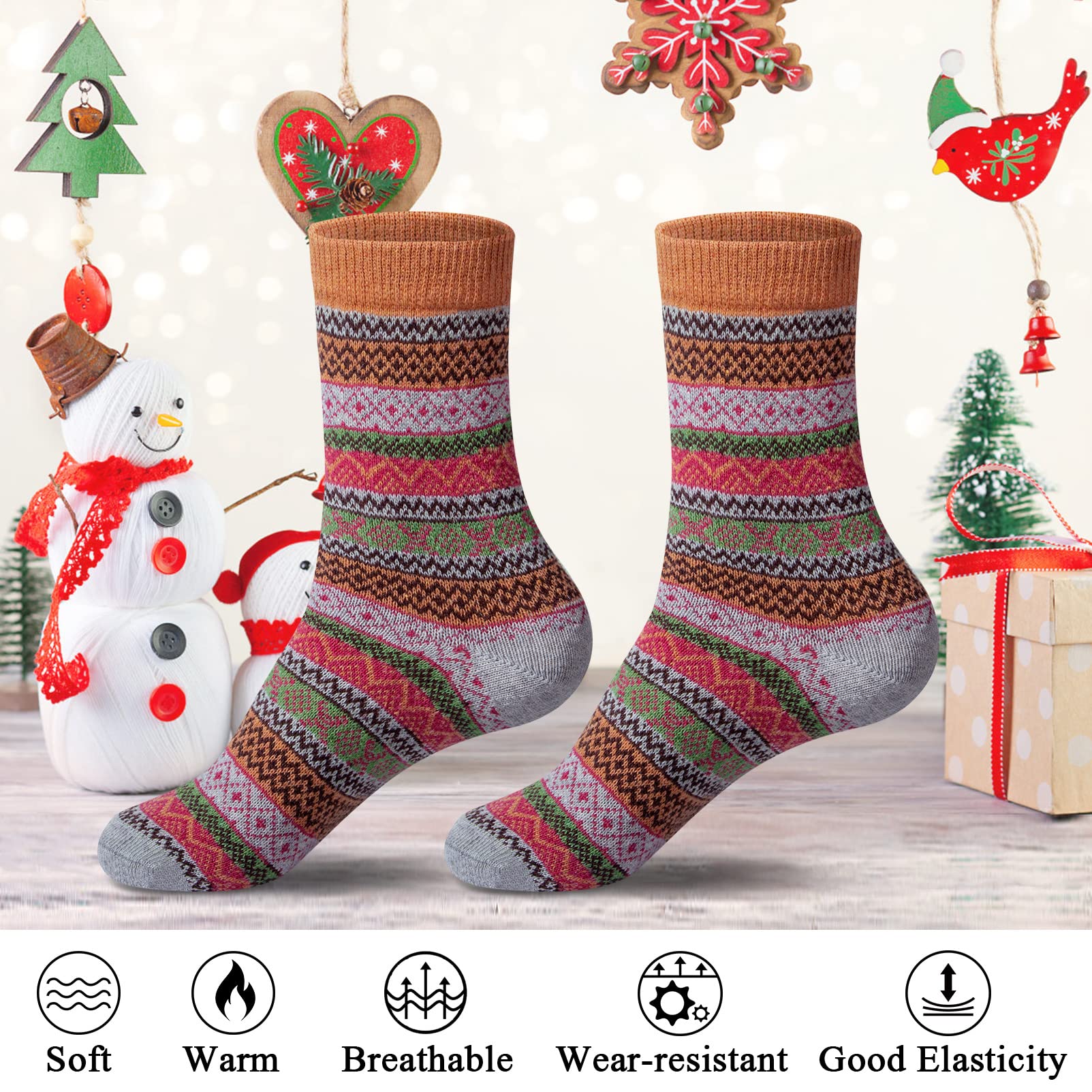 5 Pack Womens Wool Socks Winter Warm Socks Thick Knit Cabin Cozy Crew Soft Socks Gifts for Women