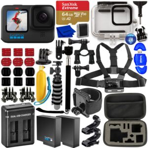 pixel hub gopro hero10 hero 10 camcorder black - extreme bundle includes: sandisk ultra 64gb microsd, 2x extra batteries, charger, underwater housing, selfie stick, gripster, carry case and more