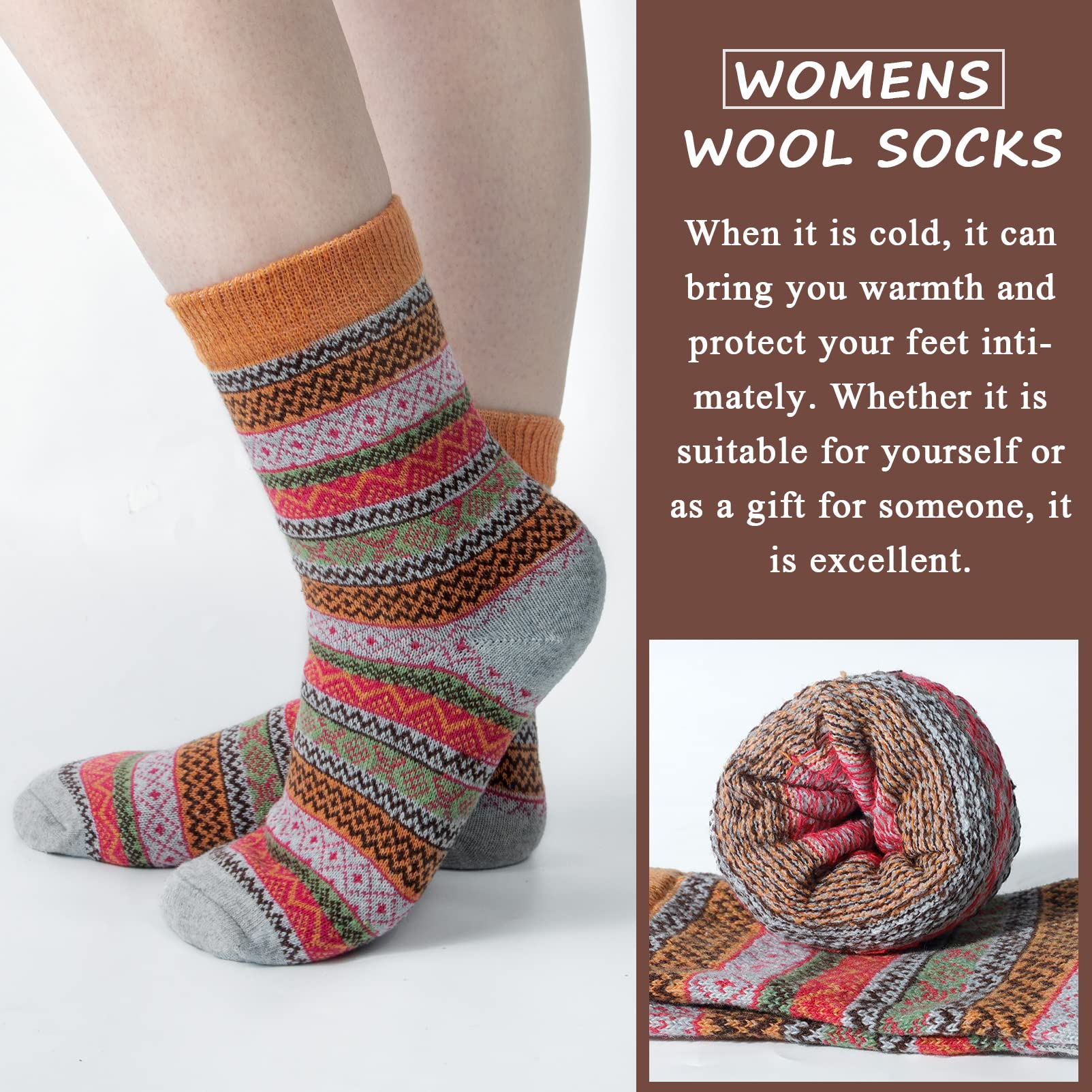 5 Pack Womens Wool Socks Winter Warm Socks Thick Knit Cabin Cozy Crew Soft Socks Gifts for Women