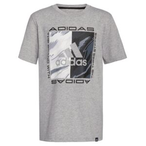 adidas boys' short sleeve blocked graphic logo t-shirt, medium grey heather, small (8)