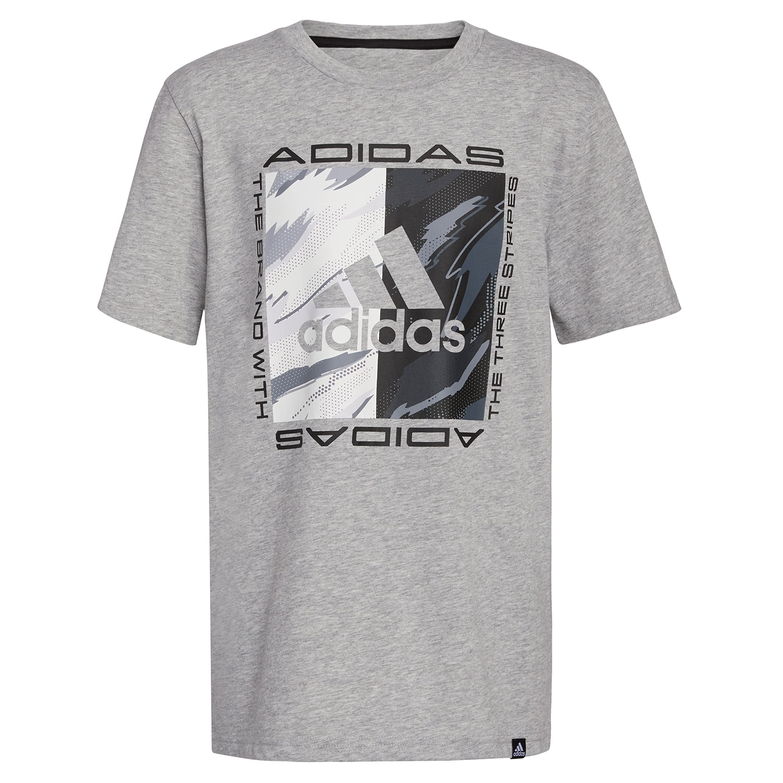 adidas Boys' Short Sleeve Blocked Graphic Logo T-Shirt, Medium Grey Heather, Small (8)