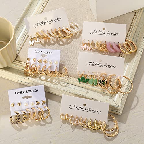 32 Pairs Gold Hoop Earrings Set for Women, Fashion Chain Link Hoop Stud Drop Dangle Earrings Boho Statement Hypoallergenic Earrings for Christmas Jewelry Gift