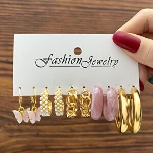 32 Pairs Gold Hoop Earrings Set for Women, Fashion Chain Link Hoop Stud Drop Dangle Earrings Boho Statement Hypoallergenic Earrings for Christmas Jewelry Gift