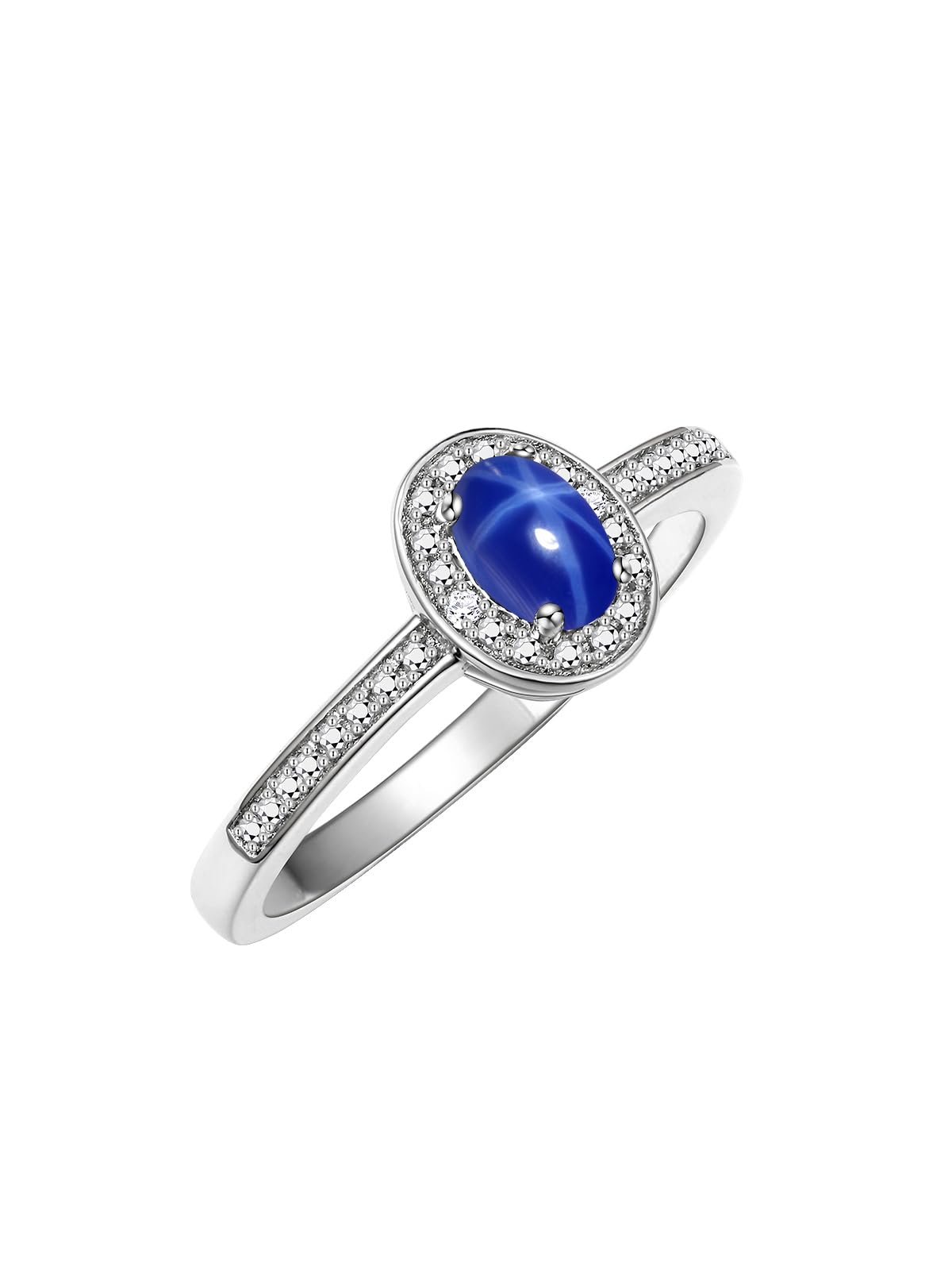 Rylos Rings for Women Sterling Silver Halo of Diamond Birthstone Ring 6X4MM Gemstone Exotic Blue Star Sapphire Jewelry Size 8