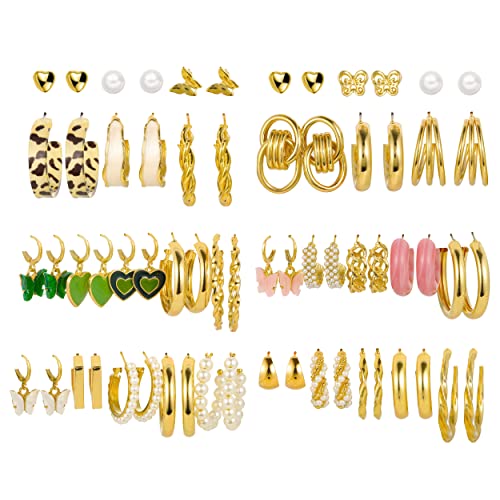 32 Pairs Gold Hoop Earrings Set for Women, Fashion Chain Link Hoop Stud Drop Dangle Earrings Boho Statement Hypoallergenic Earrings for Christmas Jewelry Gift