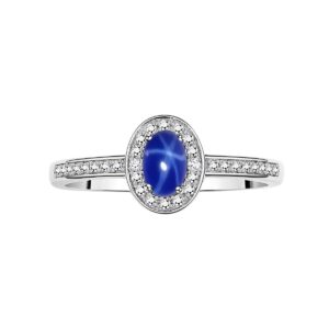 Rylos Rings for Women Sterling Silver Halo of Diamond Birthstone Ring 6X4MM Gemstone Exotic Blue Star Sapphire Jewelry Size 8