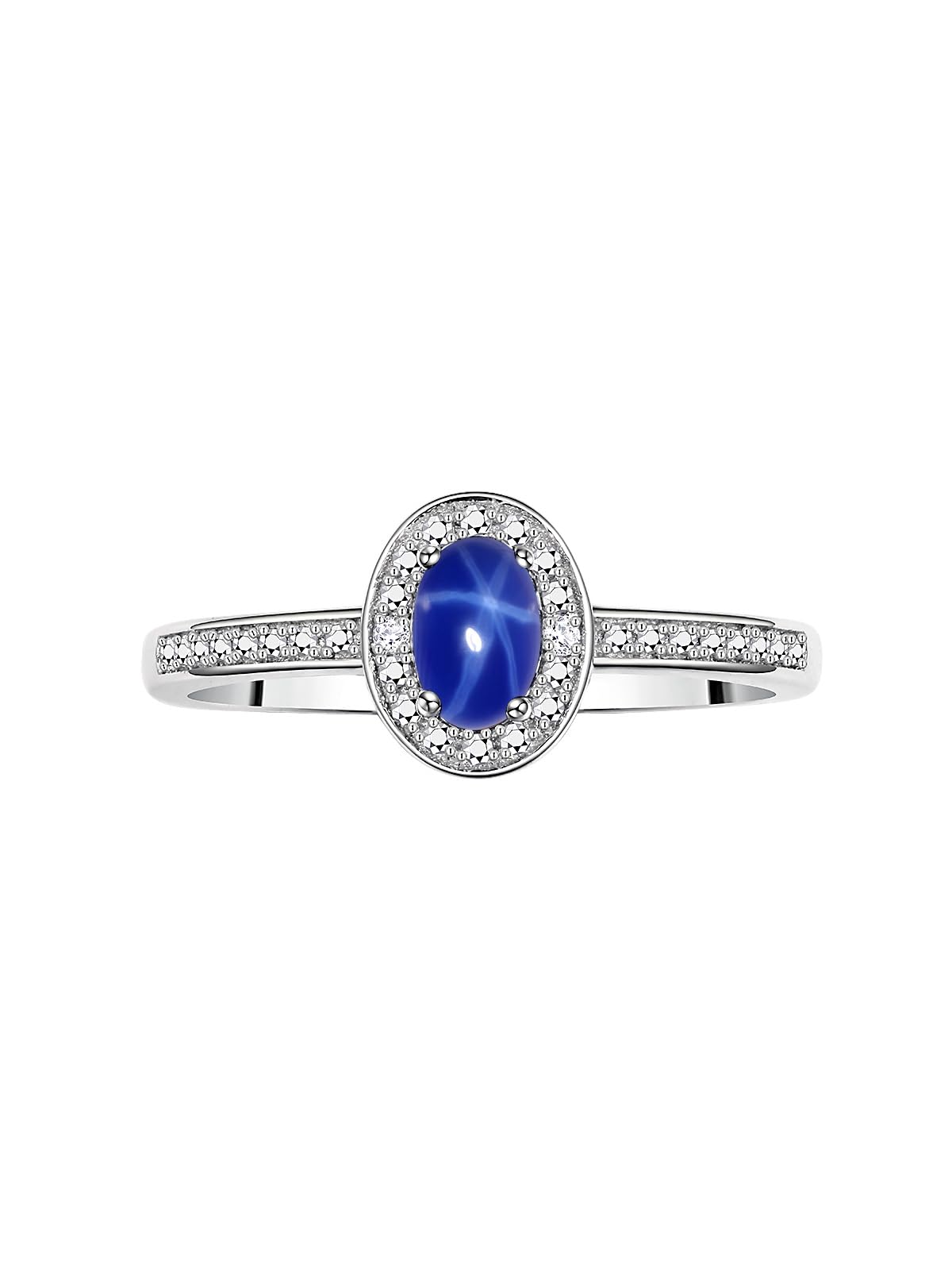 Rylos Rings for Women Sterling Silver Halo of Diamond Birthstone Ring 6X4MM Gemstone Exotic Blue Star Sapphire Jewelry Size 8