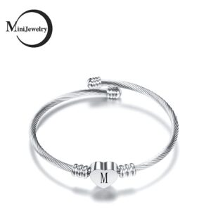 MiniJewelry Initial M Silver Heart Bangle Cuff Bracelet for Women Alphabet Letter Name Stainless Steel