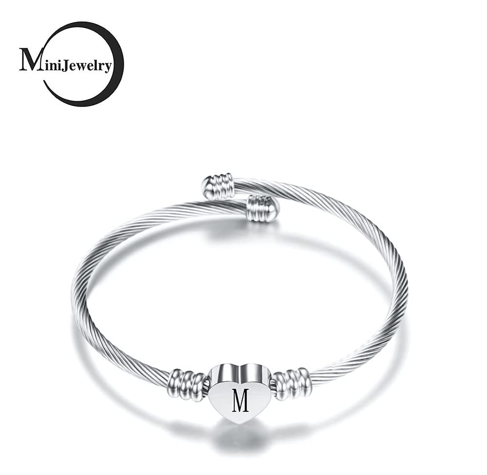 MiniJewelry Initial M Silver Heart Bangle Cuff Bracelet for Women Alphabet Letter Name Stainless Steel