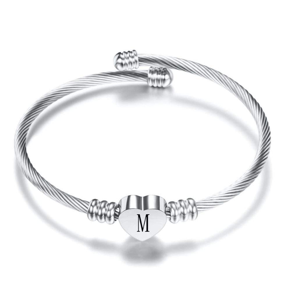 MiniJewelry Initial M Silver Heart Bangle Cuff Bracelet for Women Alphabet Letter Name Stainless Steel