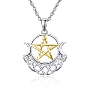 kingwhyte triple moon goddess necklace s925 sterling silver pentagram pentacle pendant celtic necklace magic amulet jewelry gifts for women