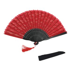 ptgmh folding fan lace hand fan foldable fan bamboo frame vintage black lace fan large hand fans for women decorative folding fan dancing party use (red)