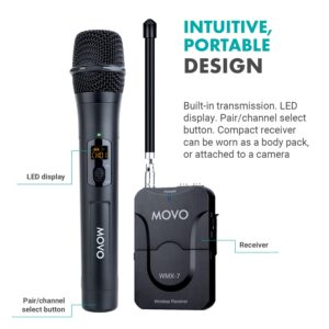 Movo WMX-7-TH+RX Handheld Wireless Microphone System - Omnidirectional Microphone with Built-in VHF Transmitter, Bodypack Receiver - Wireless Mic Interview Kit for Reporters, Vlogging, Live Events