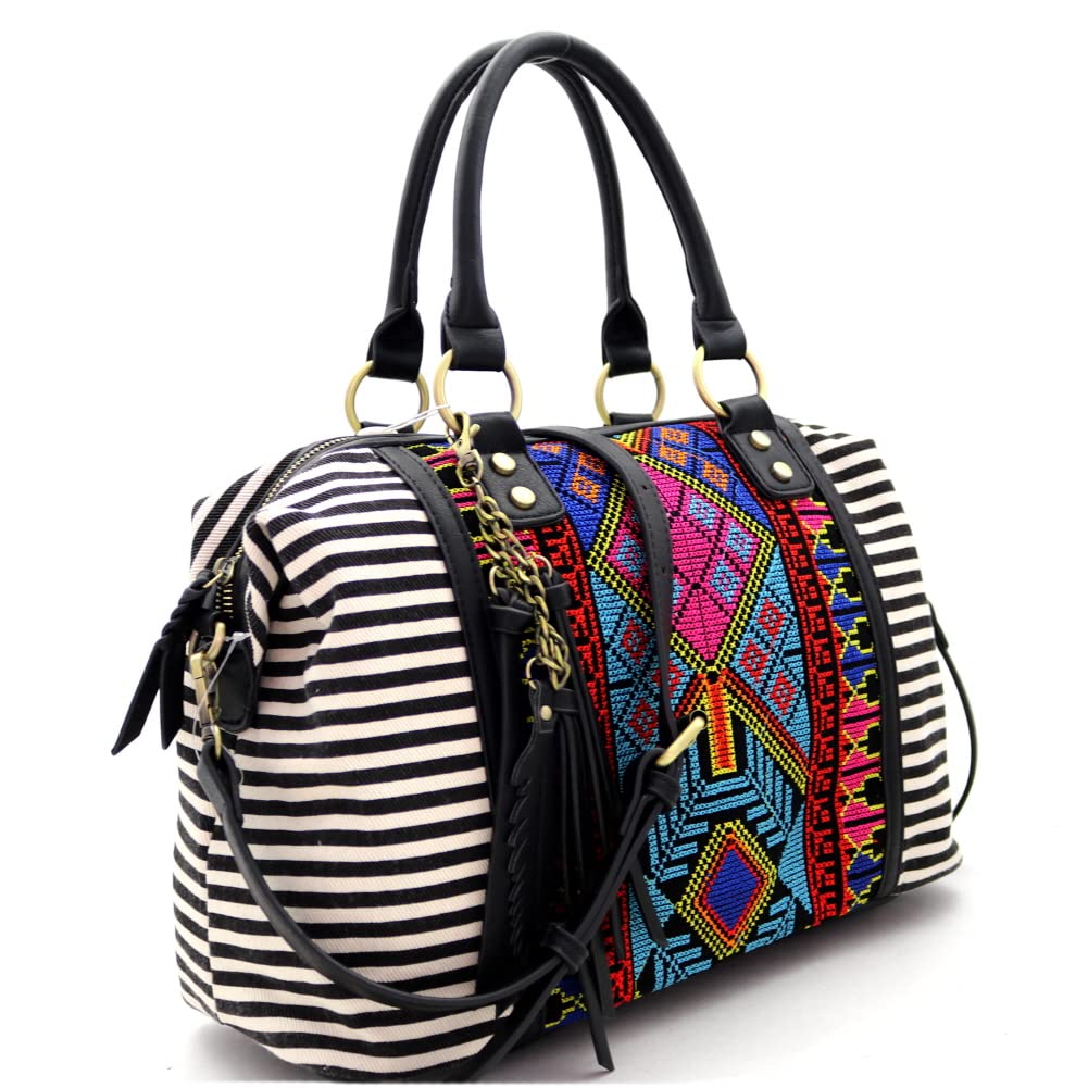 Boho Tassel Leaf Charm Aztec & Stripe Embroidered Canvas Satchel Tote Handbag Purse (Embroidered Satchel - Black/Black)