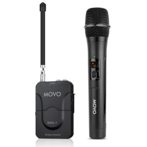 movo wmx-7-th+rx handheld wireless microphone system - omnidirectional microphone with built-in vhf transmitter, bodypack receiver - wireless mic interview kit for reporters, vlogging, live events