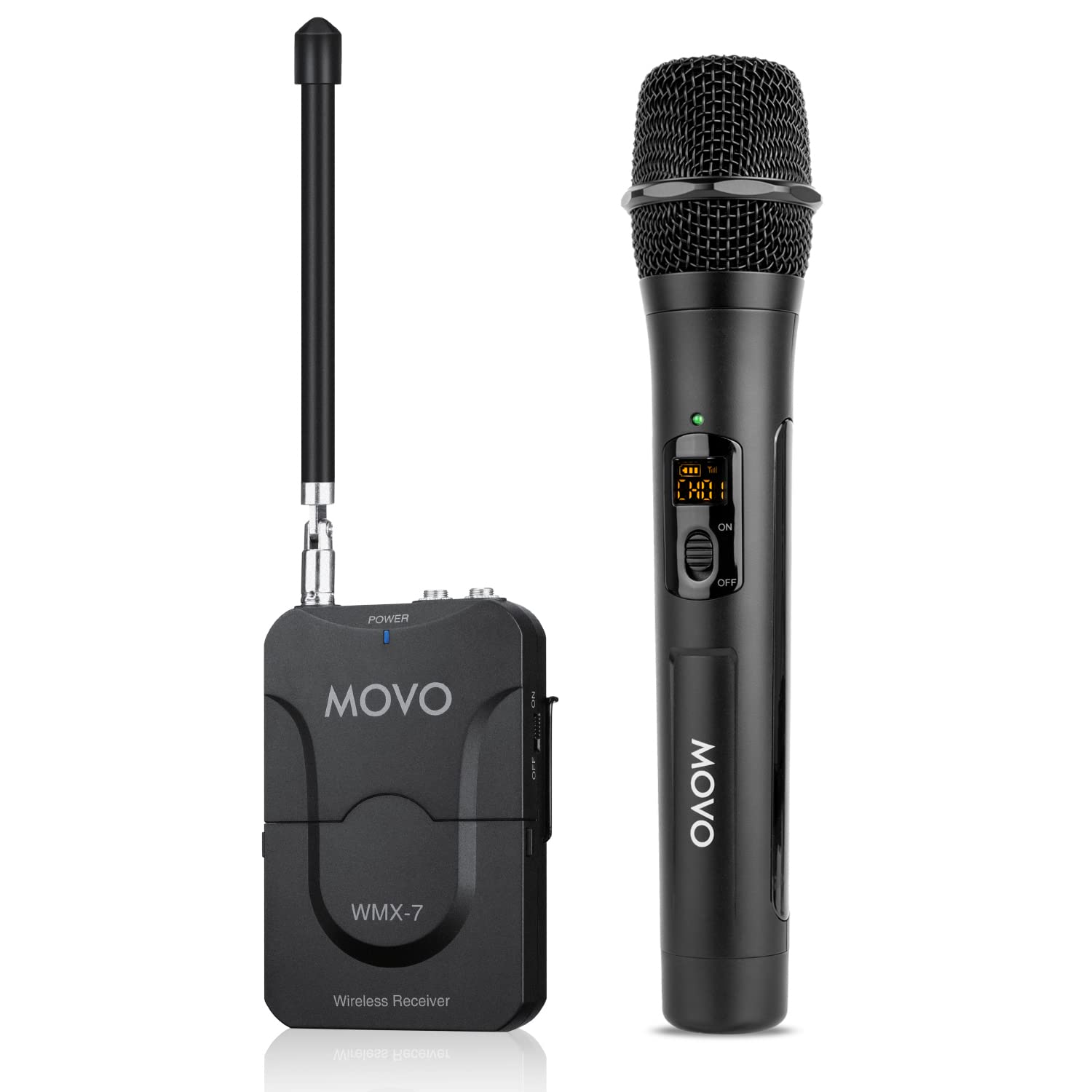 Movo WMX-7-TH+RX Handheld Wireless Microphone System - Omnidirectional Microphone with Built-in VHF Transmitter, Bodypack Receiver - Wireless Mic Interview Kit for Reporters, Vlogging, Live Events