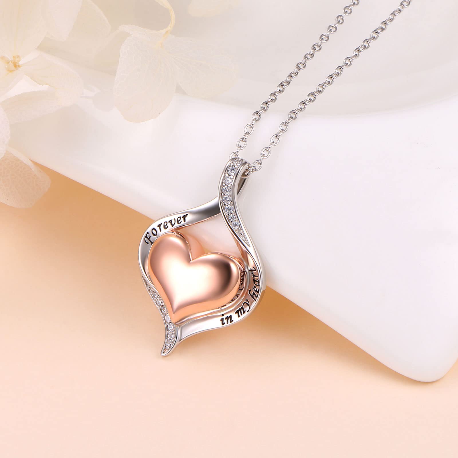 Cremation Jewelry 925 Sterling Silver Teardrop Urn Necklace for Ashes Rose Gold Heart Shape Forever In My Heart Memorial Keepsake Pendant for Human/Pets Ashes for Women Gift(Heart Rose Gold)