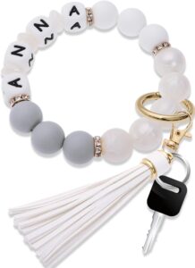 panny&mody silicone beaded bracelet keychain wristlet,personalized keychain wristlet key ring holder with zircon leather tassel(pearl+white)