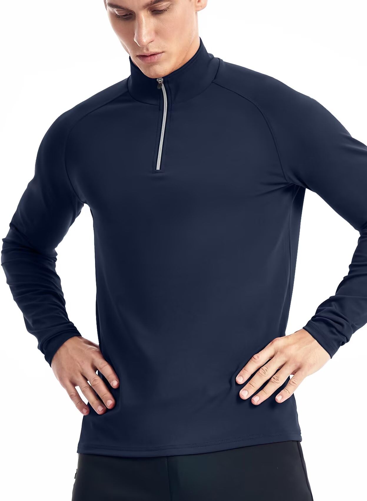 Mens 1/4 Zip Pullover Running Moisture Wicking(Midnight Navy,M)