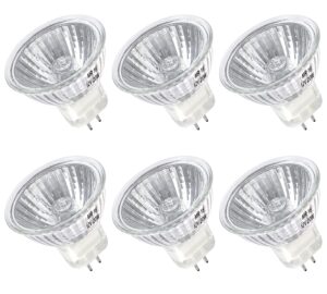 mr16 halogen bulb 20w dimmable 12v gu5.3 bi pin base spotlight with long lifespan, 2700k warm white mr16 bulbs with clear glass cover for landscape, track lights, fiber optics, desk lamps, 6 pack