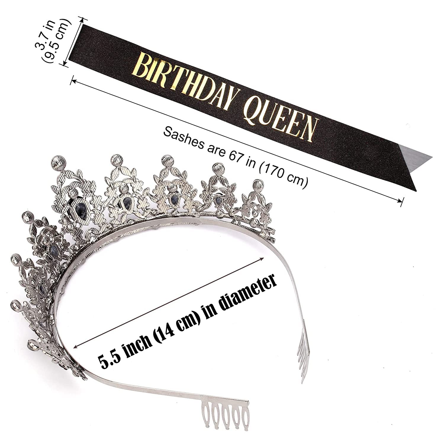 Birthday Queen Sash and Tiara for Women Crystal Tiara and Satin Kit for Girl Rhinestones Crown with Comb Glitter Hair Accessories for Prom Party Decoration Cake Topper Accessory Set with Pin (Black