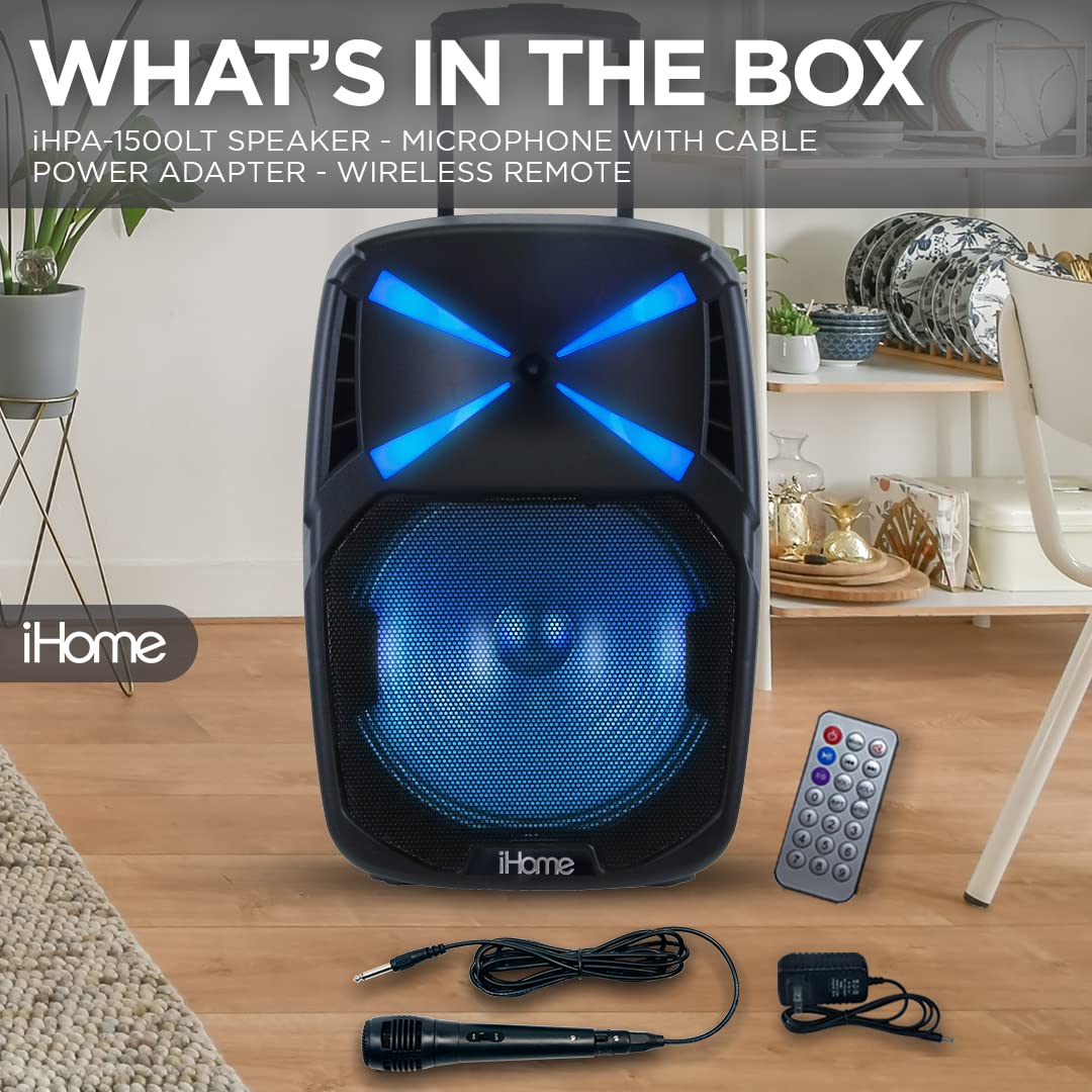 iHome iHPA-1500-LT Bluetooth Wireless Portable Rechargeable Home Party LED Light 15" Inch Woofer 200W Watts Karaoke Machine Rolling PA Tailgate Karaoke Speakers System Microphone on Wheels