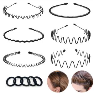 LERNOU Metal Men Headbands Women Hair Bands, Unisex Black Wavy,Spring And Summer Outdoor Sports Headbands, Fashion Simple Elastic Hair Accessories (6pcs)