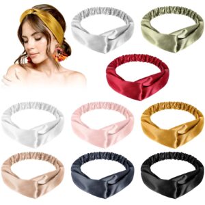 9 pieces elastic hair wraps and adjustable satin headbands - twisted turban and hair band for face washing, women and girls hair accessory, 9 colors