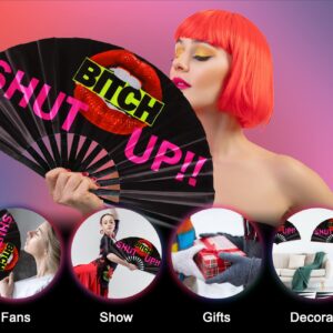 TAYUQEE Folding Hand Fan for Women - UV Glow Rave Hand Fan Large Bamboo Hand Held Chinese Fan with Velvet Bag for Rave Party, Music Festival, EDM, Drag Queen, Burlesque, Decoration, etc.